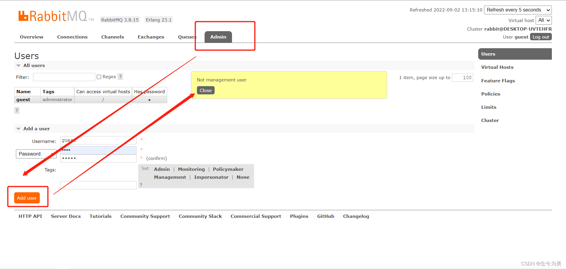解决RabbitMq登录时报出Not management user(Login failed)错误以及rabbitmqctl(RabbitMq)新增用户和用户角色权限_后端开发技术的解决方法 ...