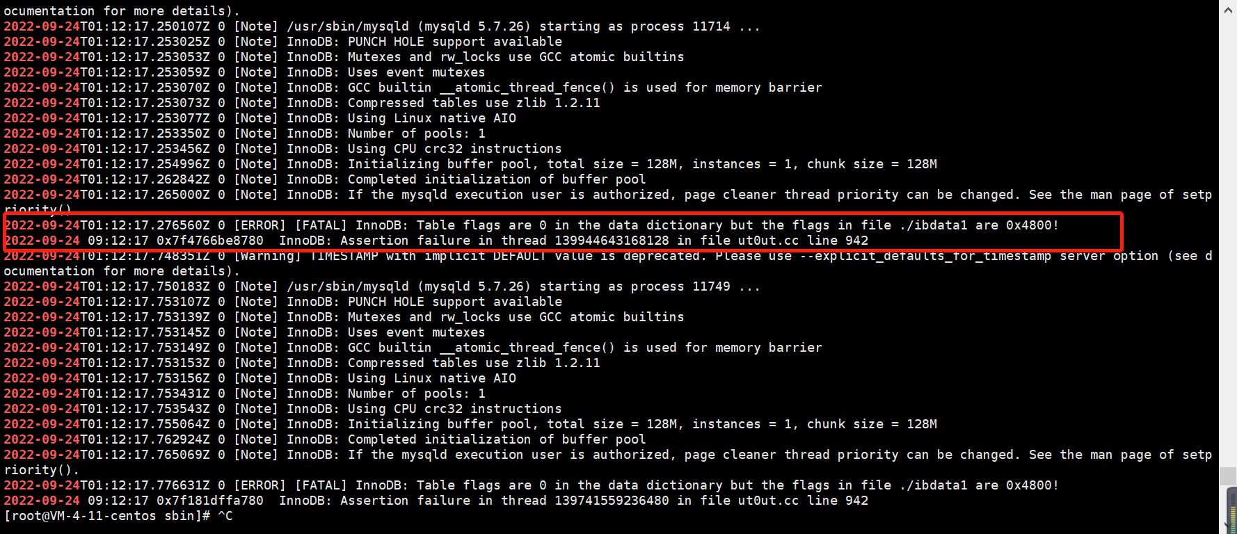linux 启动mysql失败 InnoDB: Table flags are 0 in the data dictionary but the flags in file ./ibdata1 ...