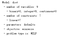Python+Cplex学习笔记（三）—— docplex官方示例之营养膳食选择_docplex显示求解过程-CSDN博客