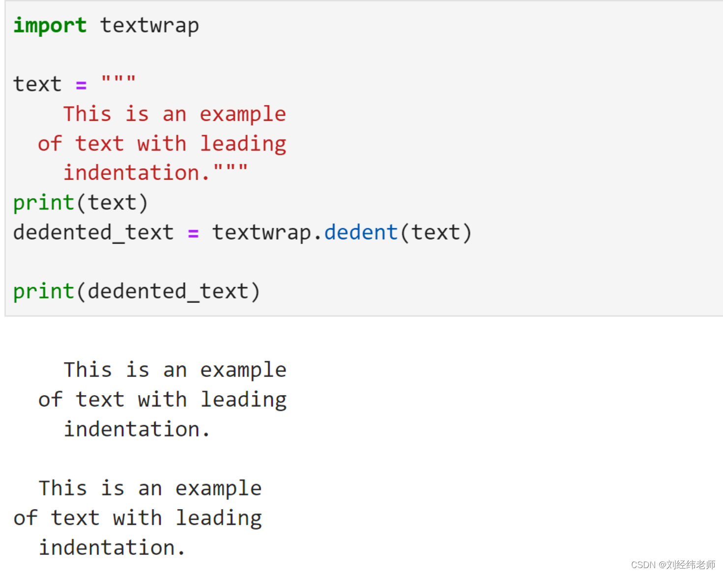 多行文本(多行字符串)中，如果每行文本前都有空格，各行文本前空格数最小为n，则删除每行文本前的n个空格。textwrap.dedent(多行 ...