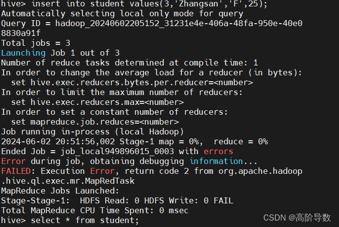 Error during job, obtaining debugging information...FAILED: Execution Error, return code 2 from ...