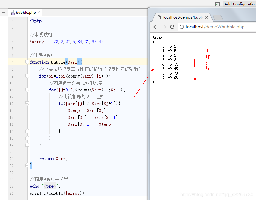 php 数组冒泡排序的思想和代码实现_php冒泡排序算法代码 $j = 0; $j