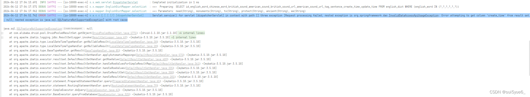 Error attempting to get column ‘create_time‘ from result set. Cause: java.sql ...