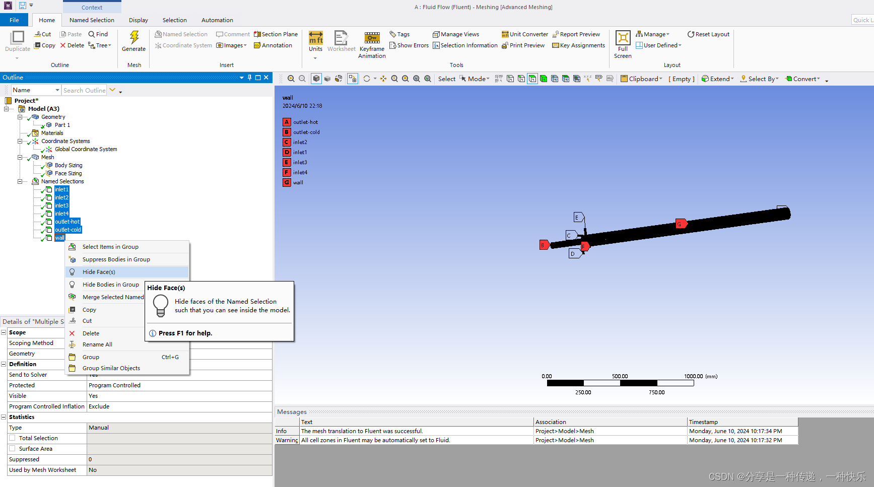 ansys meshing软件定义的边界名称（named selections）一定要取消hide faces（选择 show hidden faces），否则无法导出边界名称到.msh文件 ...