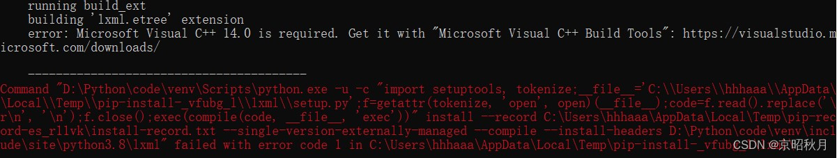 Command “D:\Python\code\venv\Scripts\python.exe -u -c “import setuptools, tokenize；__file__完美解决 ...