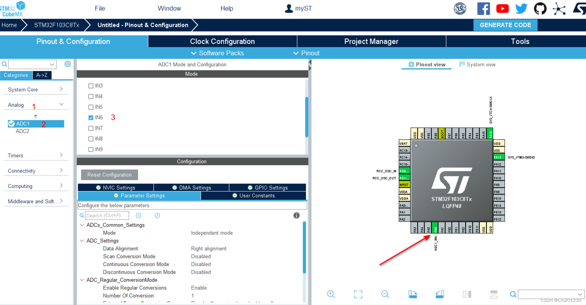 STM32F103C8 + Stm32CubeMX + ADC单通道采集电压_stm32f103c8 adc-CSDN博客