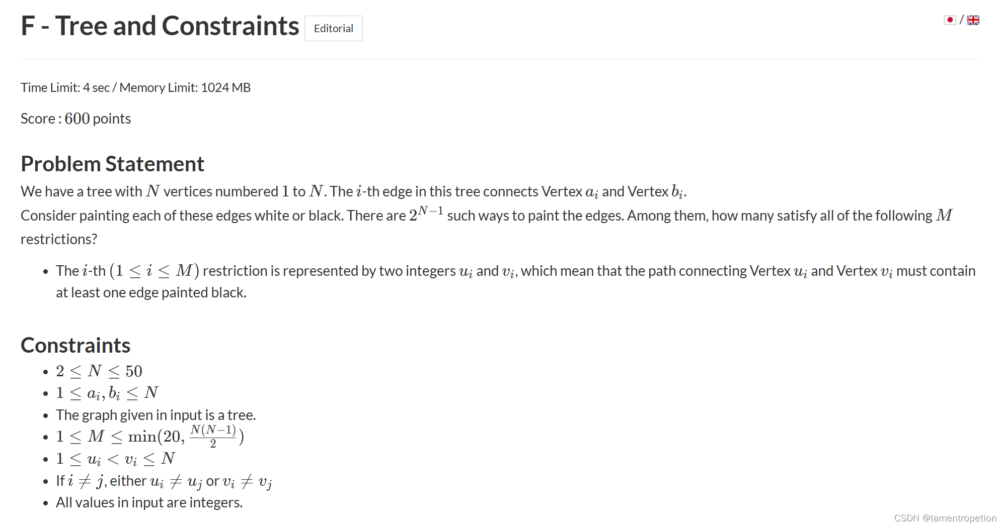 【容斥+状压+树上异或】ABC152 F - Tree and Constraints-CSDN博客