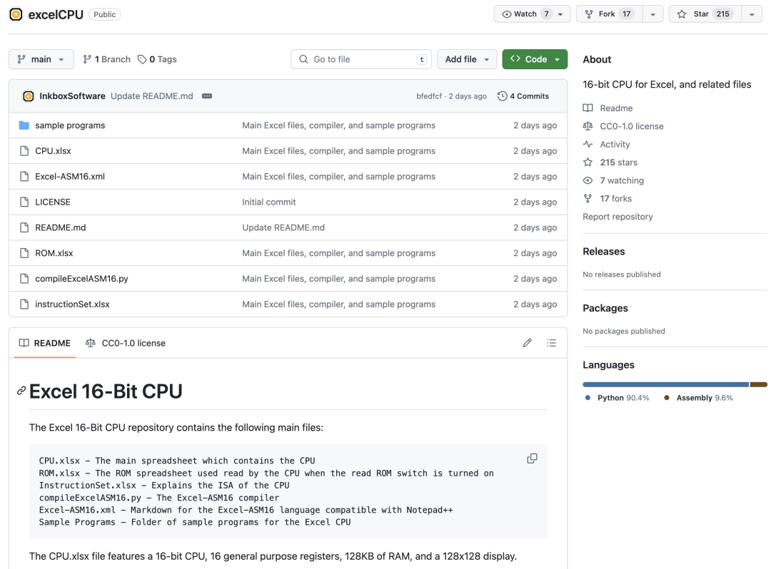 【GitHub项目推荐--大神只用 Excel 就构建了一颗 CPU：具有 128kb RAM、配备汇编语言】【转载】_excel实现cpu github-CSDN博客
