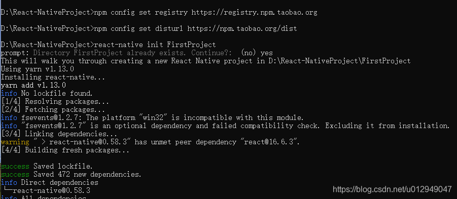 React-native 初始化项目时报错 Command `yarn add react-native --exact` failed_command `yarn add react ...