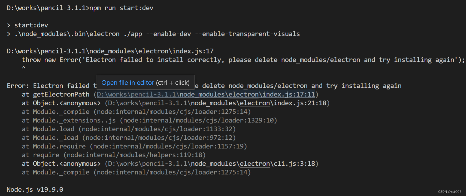 Error: Electron failed to install correctly, please delete node_modules/electron and try ...