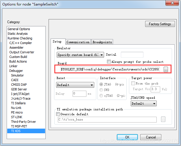 用IAR下载程序到CC2630时出现Fatal error: The path ‘C:\ti\ccs_base‘ to the Texas Instruments emulation ...