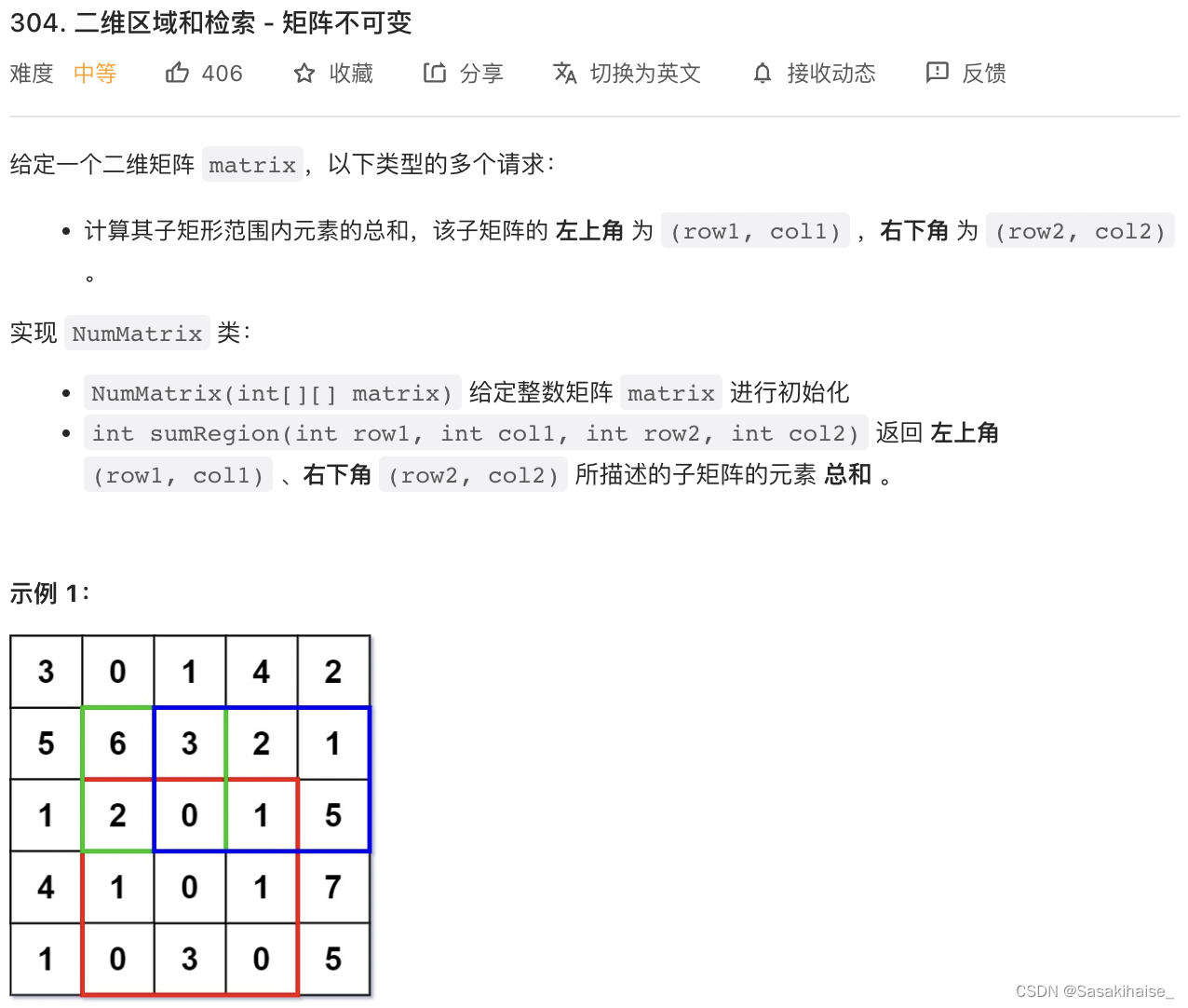 LeetCode 304. 二维区域和检索 - 矩阵不可变-CSDN博客