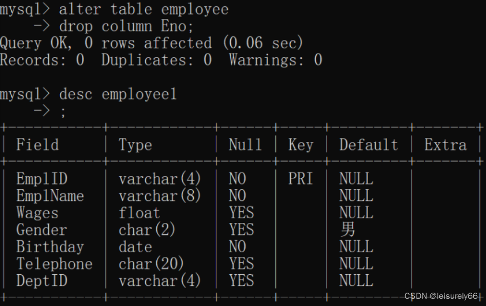 关于MYSQL定义表相关实验_mysql> create table employee -> ( ->emplid varchar-CSDN博客