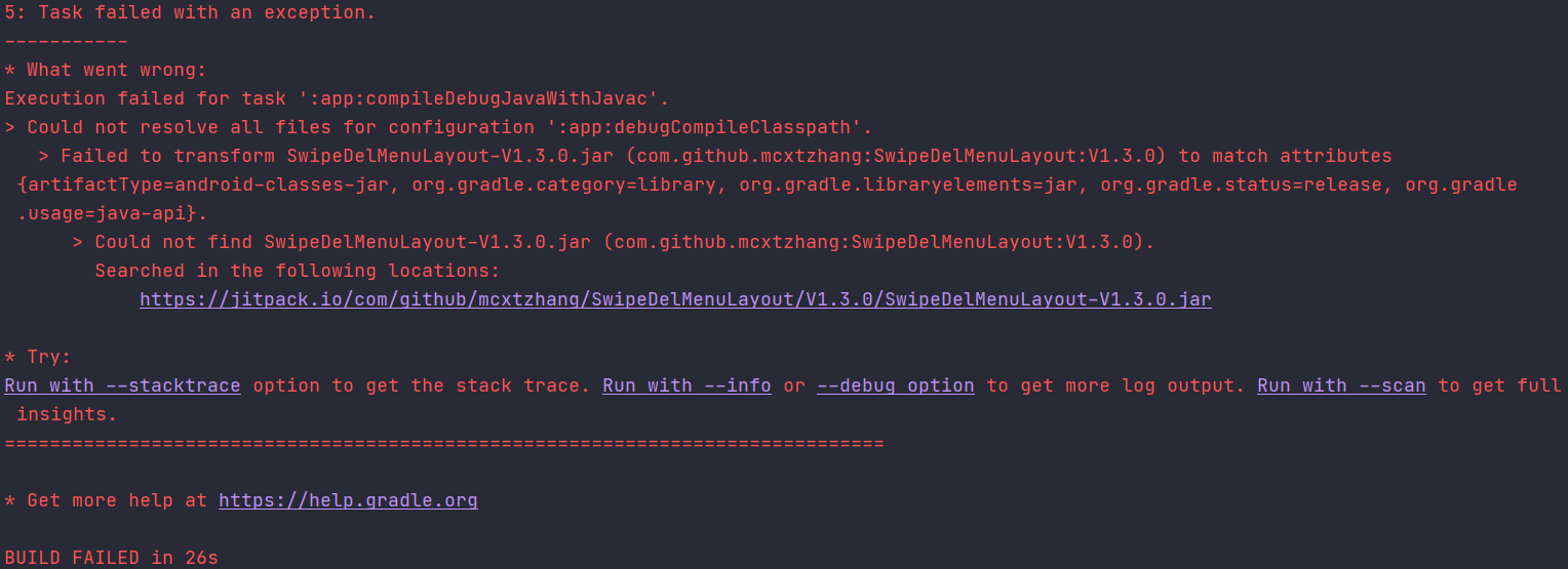 SwipeDelMenuLayout失效：Could not find SwipeDelMenuLayout-V1.3.0.jar_could not find com.github ...