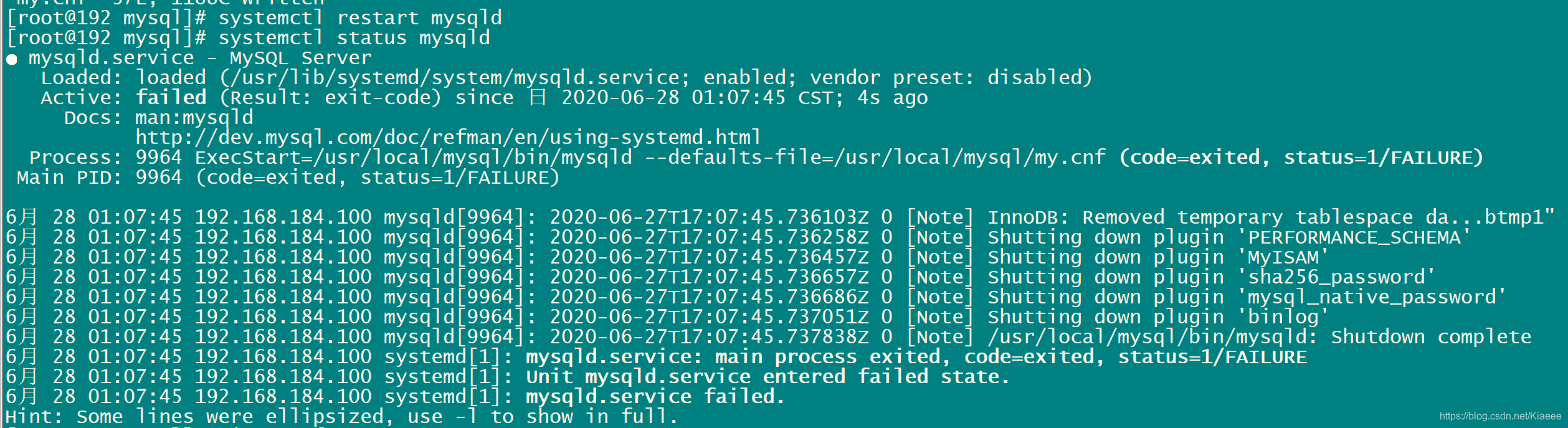 CentOS 7下mysqld服务启动失败 且 找不到错误日志：mysqld.service: main process exited, code=exited, status=1 ...
