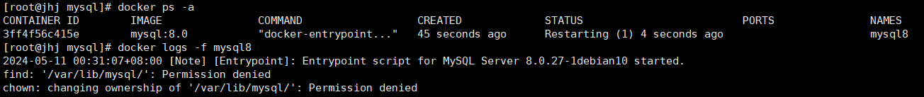 docker安装mysql chown: changing ownership of ‘/var/lib/mysql/‘: Permission denied_chown: changing ...