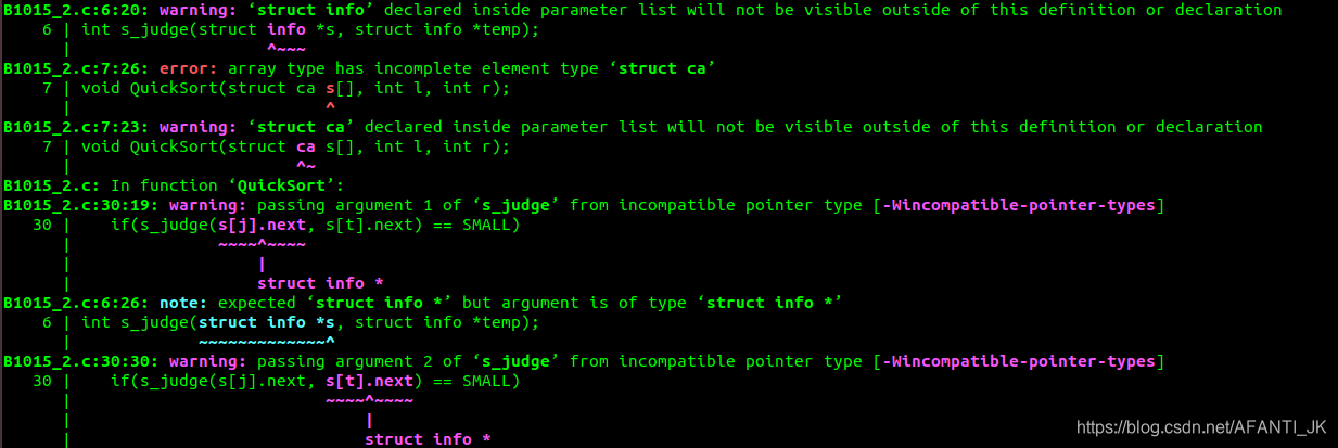 error or warning : 'struct info' declared inside parameter list will not be visible outside of ...
