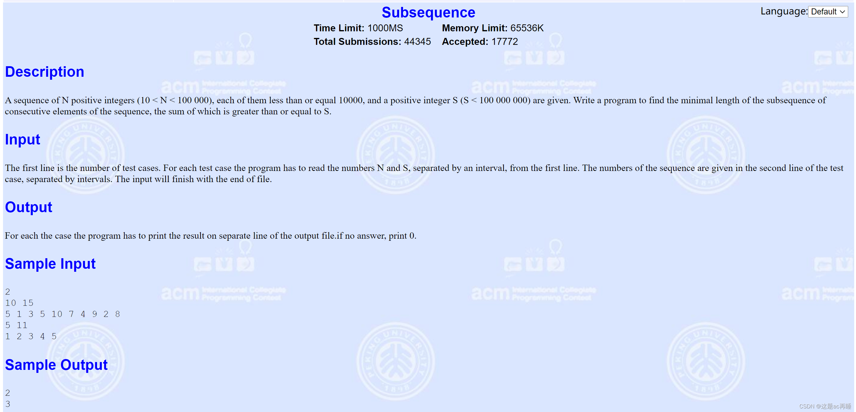 POJ_3061_Subsequence_尺取法-CSDN博客