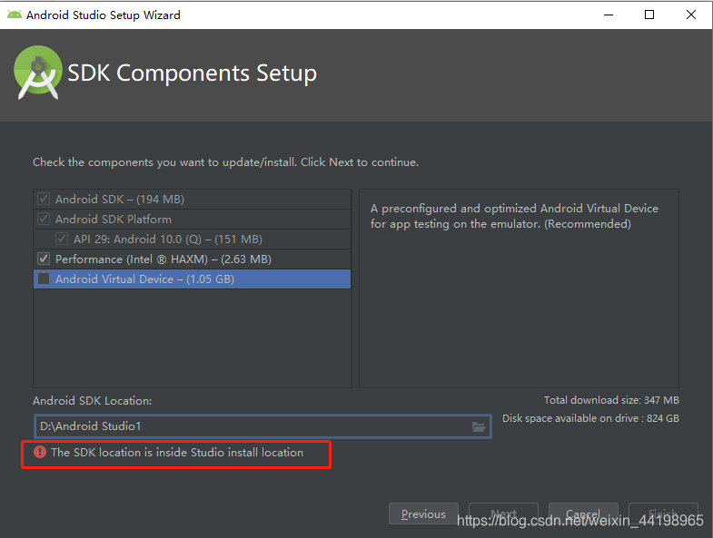 安装 Android Studio SDK 时提示：The SDK location is inside Studio install ...