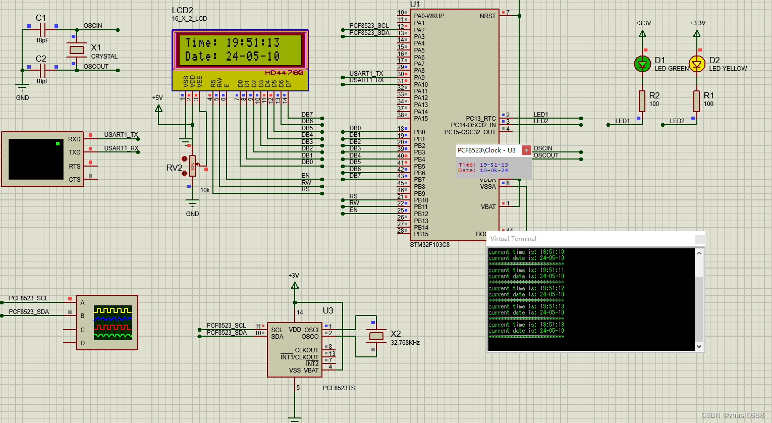 Proteus80仿真应用设计（六十六）基于stm32cubemx、stm32f103c8t6 、freertos、pcf8523ts时钟芯片（i2c）的时钟应用设计仿真stm32（基于