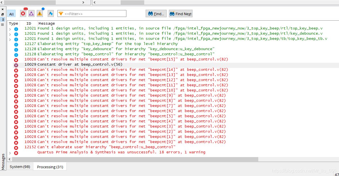 Error (10029): Constant driver at beep_control.v(56)解决.Can't resolve multiple constant drivers ...