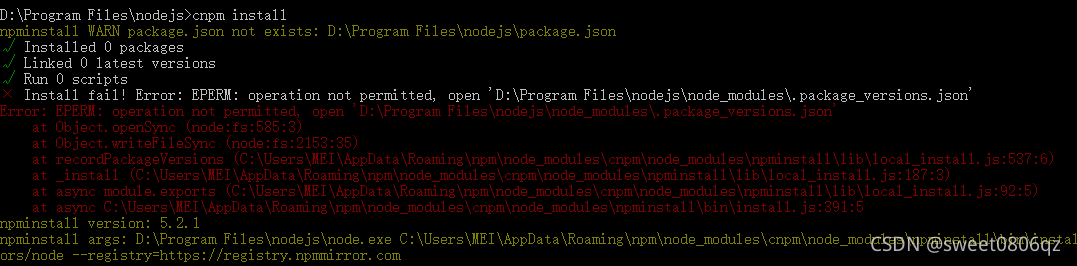 使用cnpm install命令出现Error: EPERM: operation not permitted, open ‘D ...