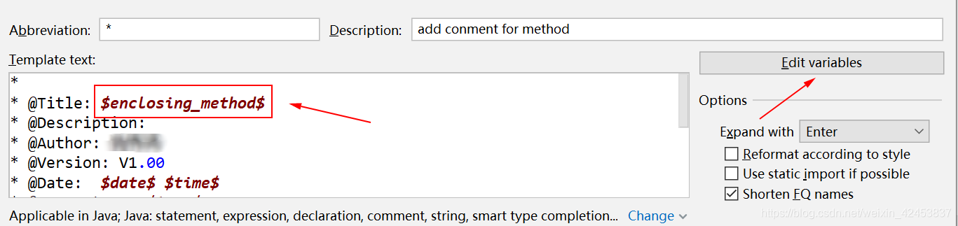 IDEA中设置自定义注释，Edit variables灰色点击不了_idea edit variables-CSDN博客