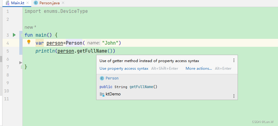 kotlin 调用java的get方法Use of getter method instead of property access syntax_use of setter method ...