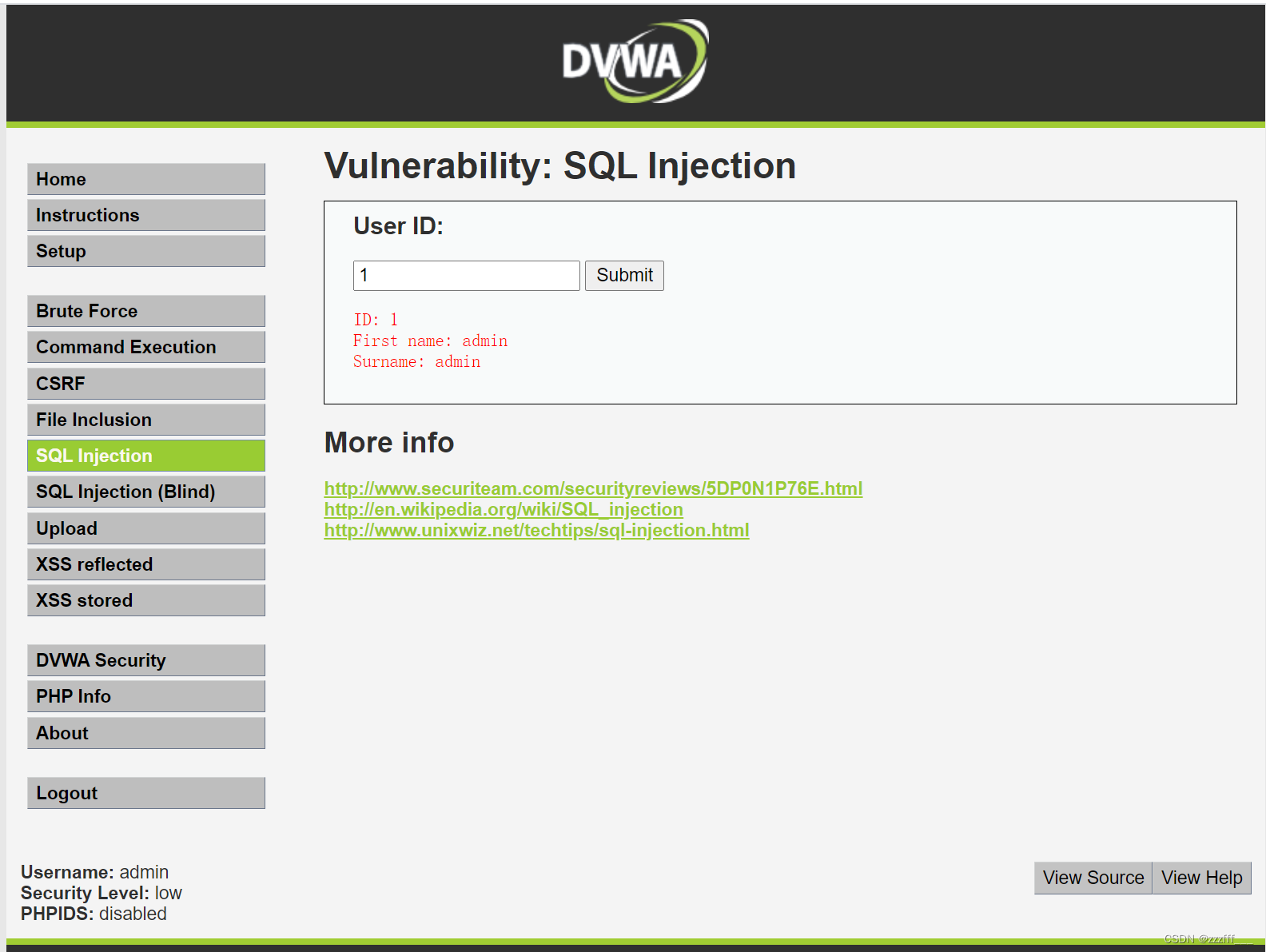 网络渗透测试实验3：SQL注入（DVWA+SQLmap+Mysql注入实战）_浏览器访问dvwa,寻找环境注入点,判断注入类型并获取数据库信息,将过程和结果截图-CSDN博客