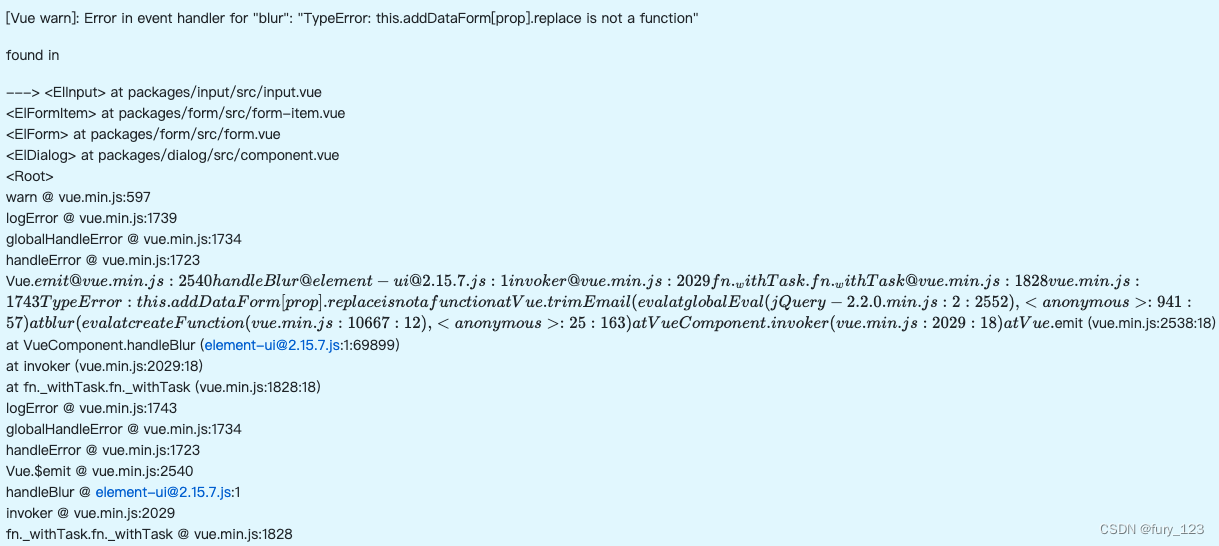 Error in event handler for “blur“: “TypeError: this.addDataForm[prop].replace is not a function ...