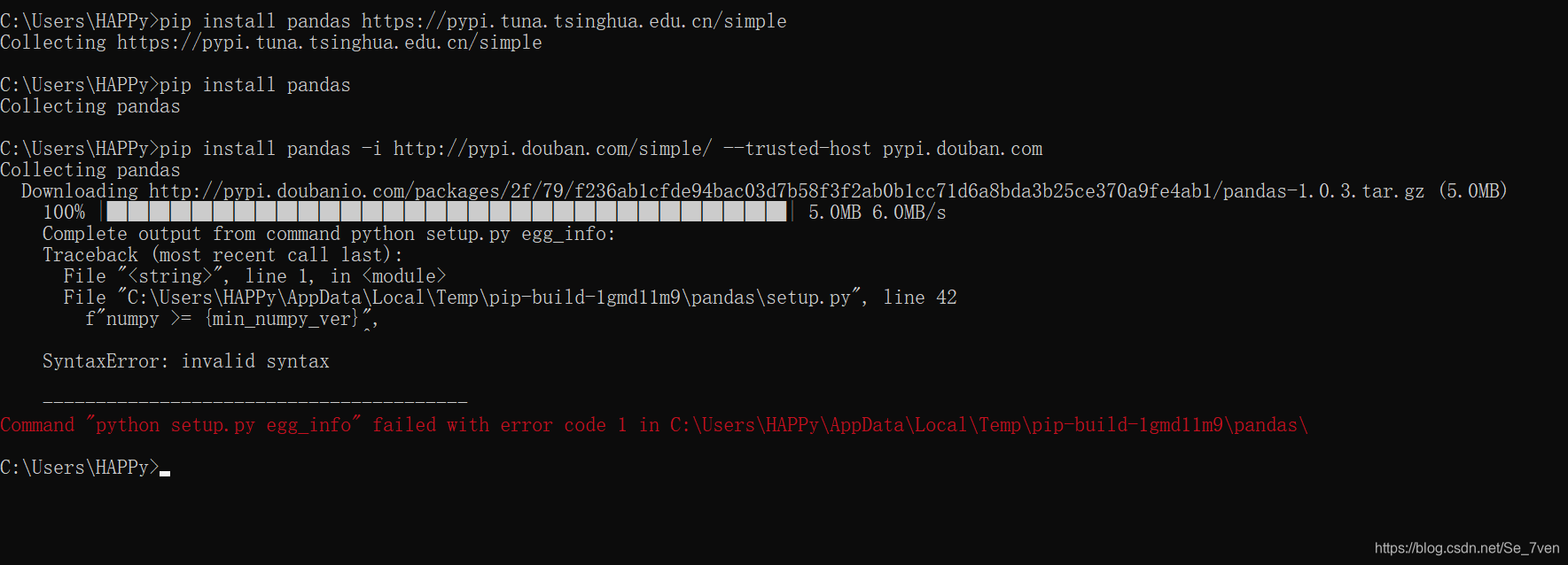 安装pandas遇到：Command “python setup.py egg_info” failed with error code 1 ...