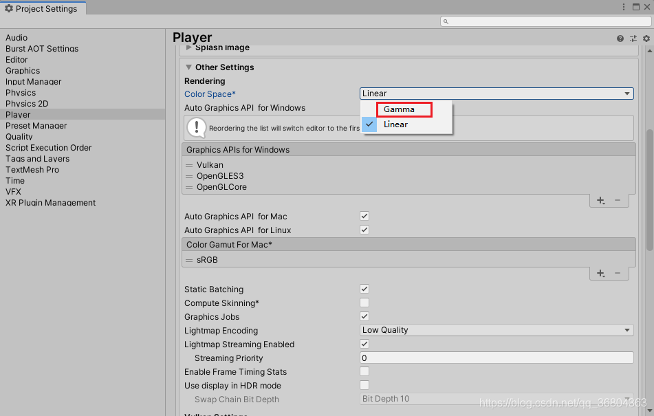 unity-bug:Your platform doesn‘t support linear rendering with OpenGL ES, switch to OpenGL core ...