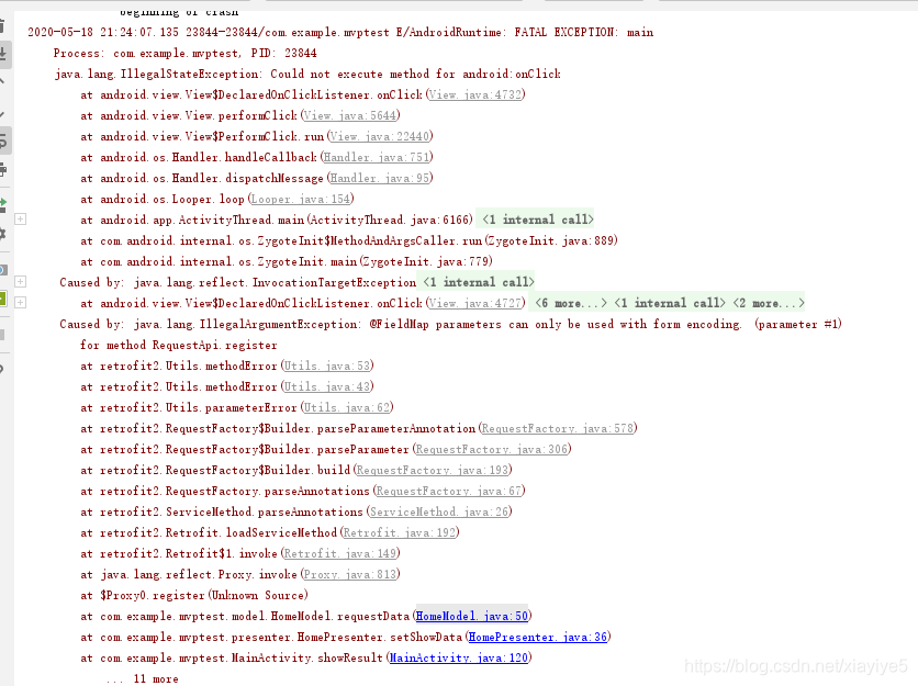 Android开发之Retrofit常见错误@FieldMap parameters can only be used with form encoding. (parameter #1 ...