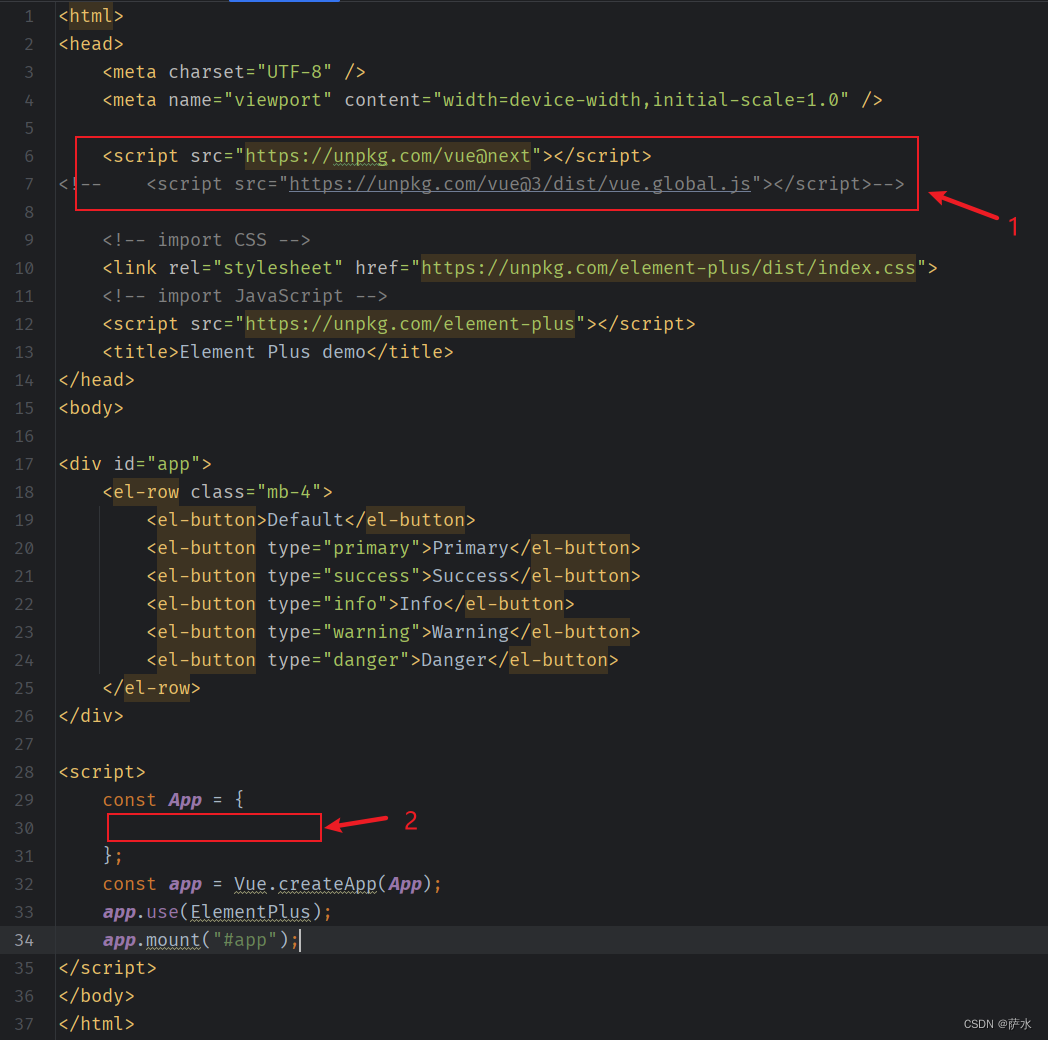 前端 HTML中，如何在线使用！更清晰！更简单！更完整！的 Vue（2/3）和 Element（UI/Plus）。_html使用vue3+elementplus-CSDN博客