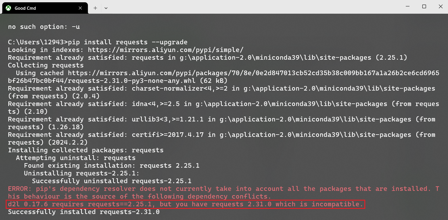 动手学深度学习 | Conda 报错 ImportError: cannot import name ‘JSONDecodeError‘ from ‘requests.exceptions ...