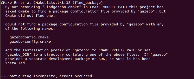 Could not find a package configuration file provided by “gazebo“ with any of the following names ...