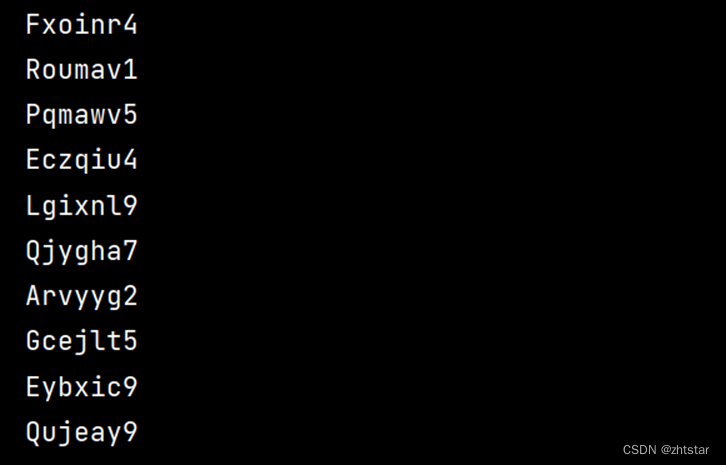 编写程序,随机生成10个7位数的密码,要求密码的第1个字符为大写字母,最后一个字符为数字,中间5个字符为小写字母,生成的密码不能重复利用随机函数产生10个随机的密码密码由大写字母、小写字母