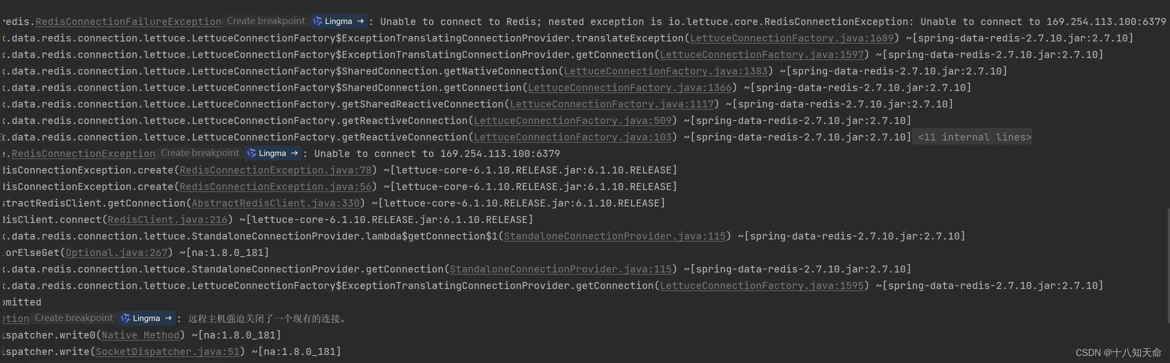 lettuce.core.RedisConnectionException: Unable to connect to 169.254.113.100: 6379_caused by: io ...