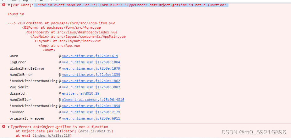 Error in event handler for “el.form.blur“: “TypeError: dateObject.getTime is not a function ...