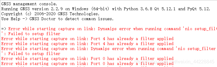 Error while starting capture on link: Port 0 has already a filter ...