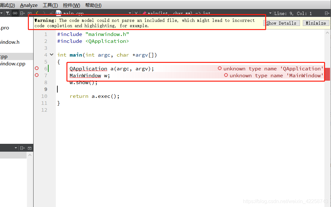 QT Creator warning：The code model could not parsee an included file,which might lead to ...