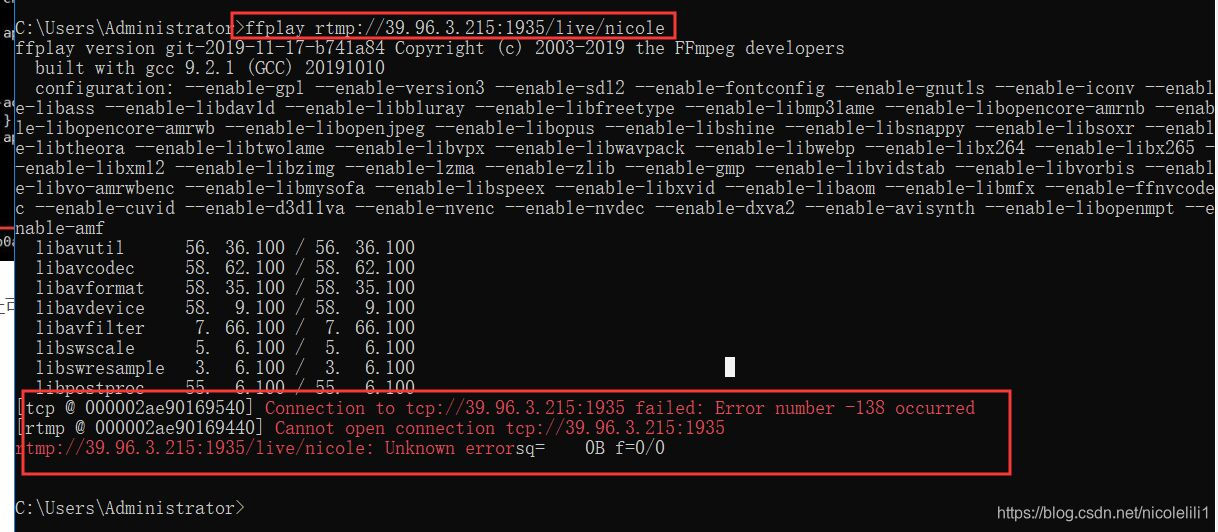 Connection to tcp://39.96.3.215:1935 failed: Error number -138 occurred ...