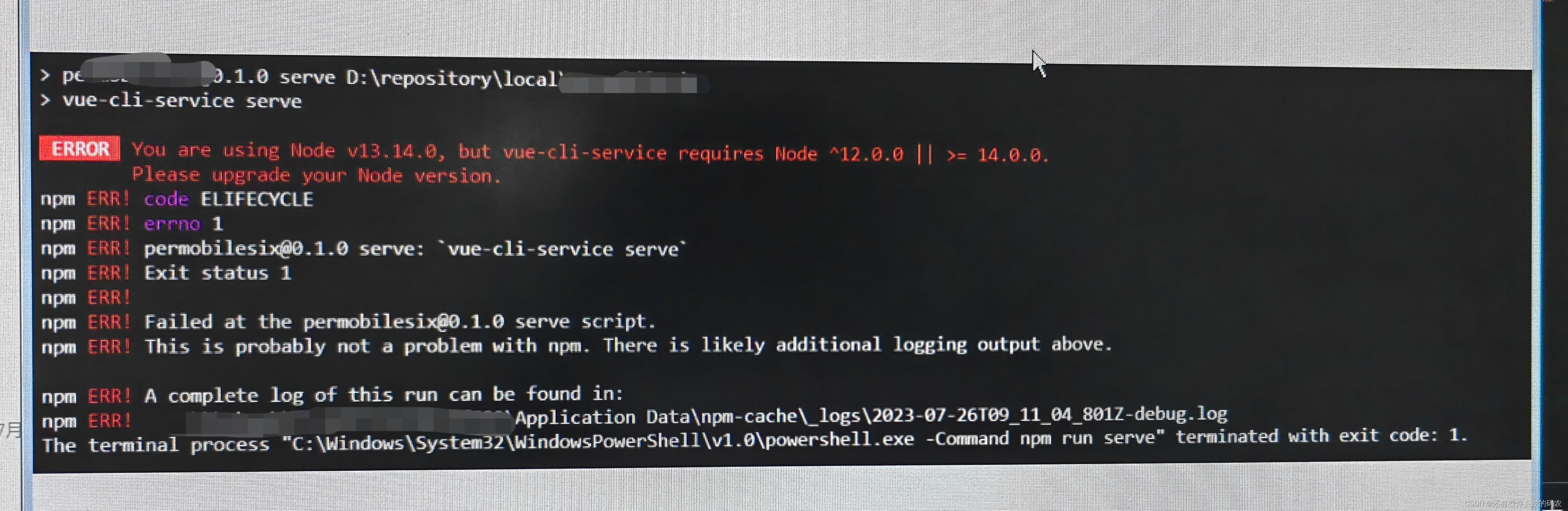 vue-cli-service requires Node ^12.0.0 || ＞= 14.0.0_you are using node v13.14.0, but vue-cli ...