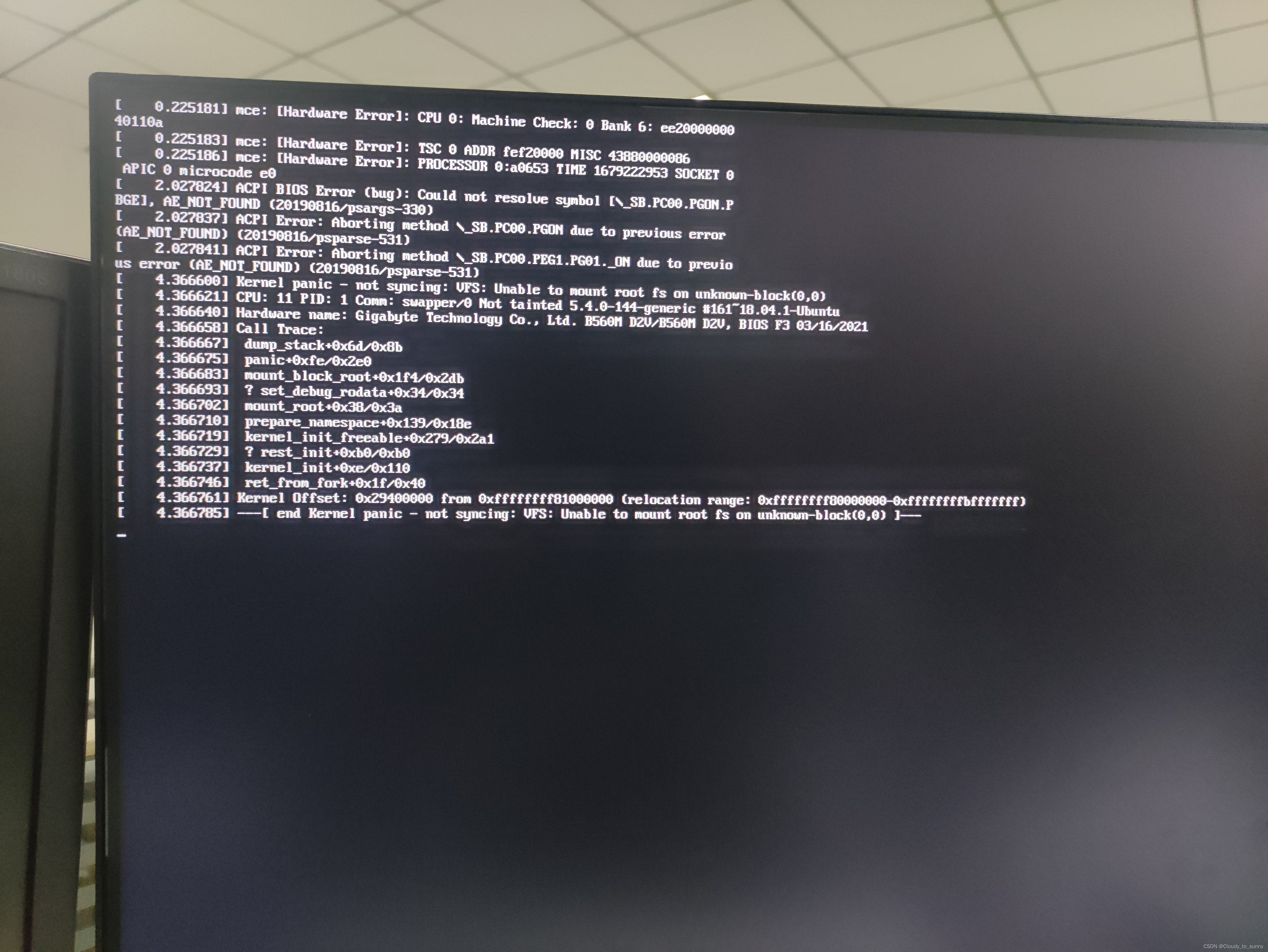 ubuntu启动报错 hardware error cpu 0 machine check 0 Bank 6、ACPI BIOS Error (bug)Could not resolve ...