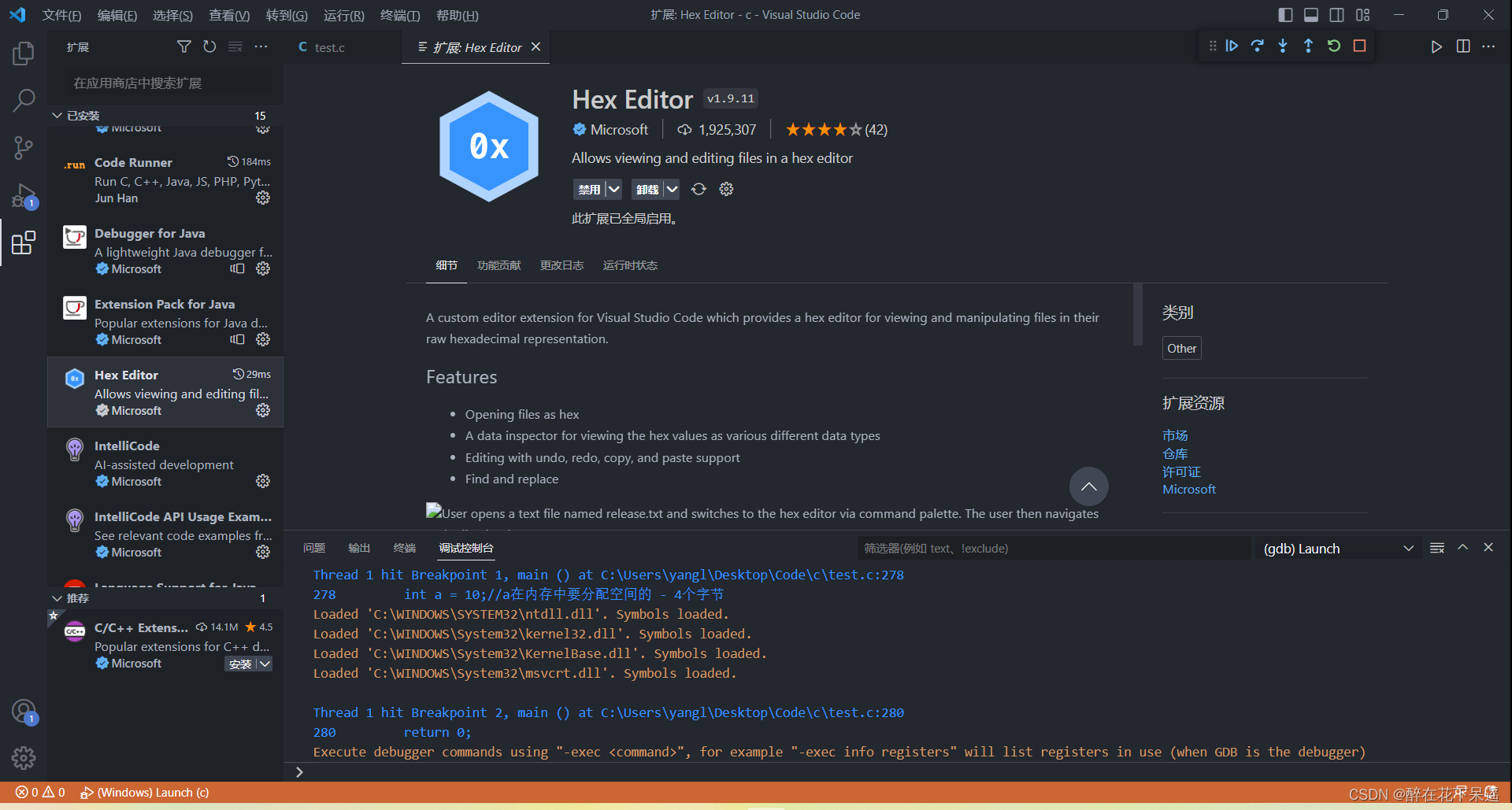 关于vscode查看c内存,Hex editor插件_插件hex eidtor有什么用-CSDN博客