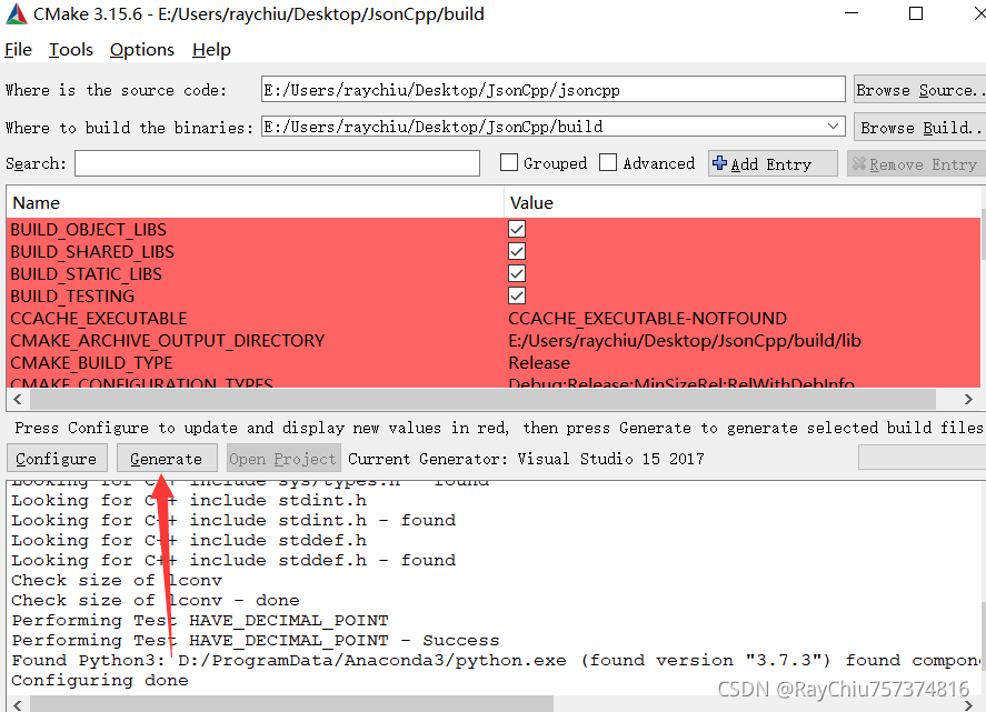 Win10系统下用CMake vs2017编译Jsoncpp并使用测试_cmake v0.0.17-CSDN博客