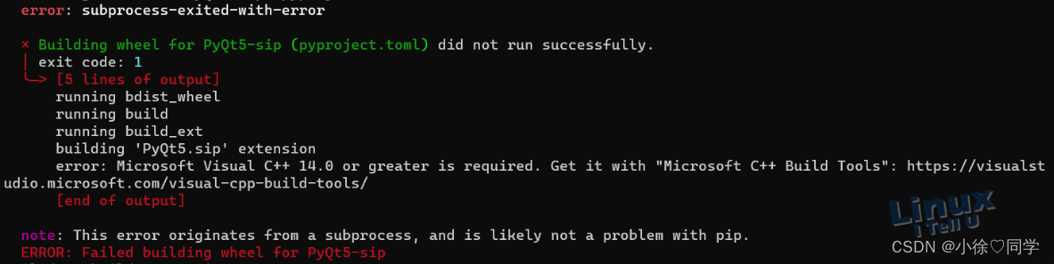 安装Pyqt5报错：ERROR: Failed building wheel for PyQt5-sip_error: could not build wheels for pyqt5-sip ...