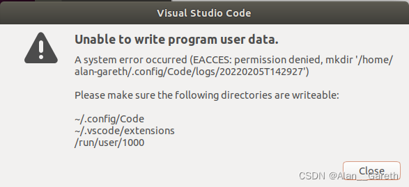 ubuntu vscode安装后无法打开报错 Unable to write program user data A system error occurred(EACCES ...