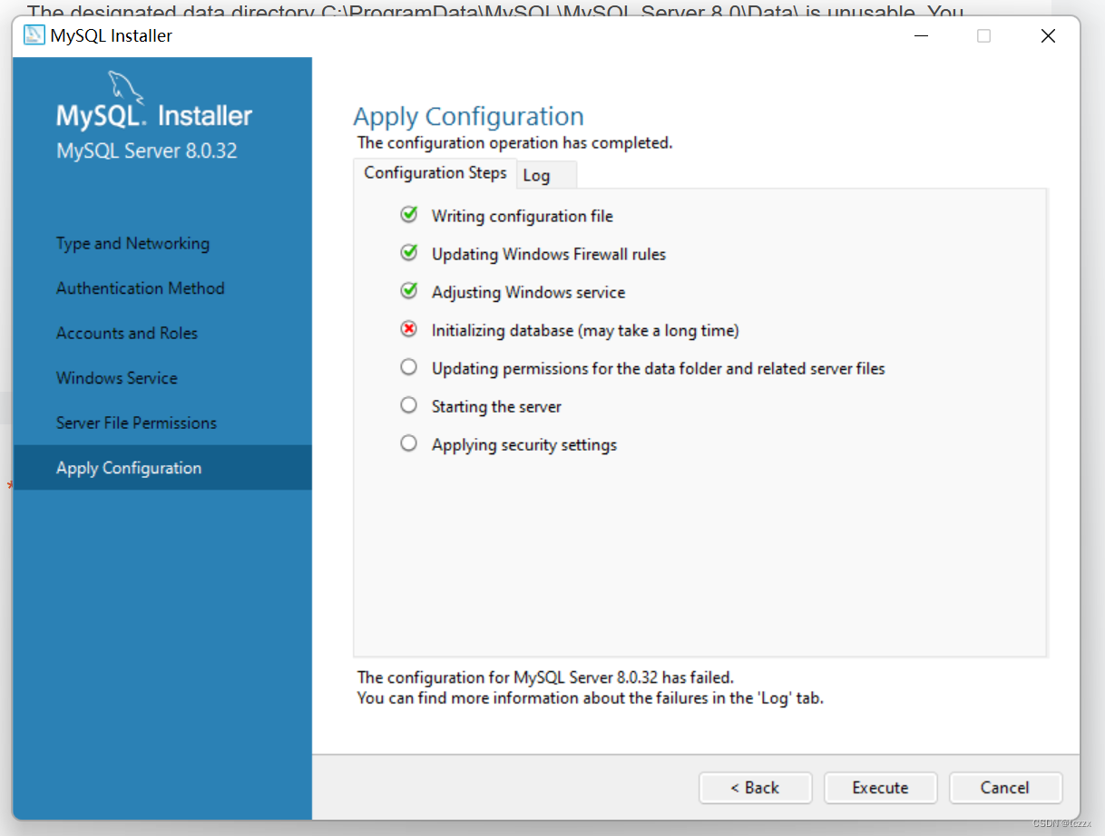 mysql 安装时初始化数据库一直失败_attempting to grant the required filesystem permis-CSDN博客
