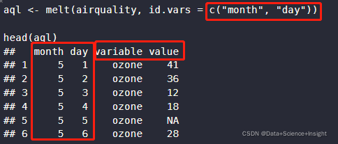 R语言使用reshape2包的melt函数将dataframe从宽表到长表（Wide- to long-format）、如果有指定行标识符号 ...